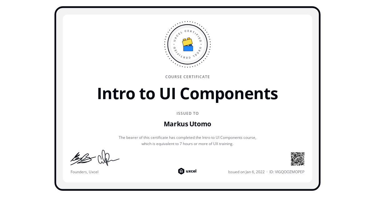 Certificate of completion for UI Components I | Uxcel