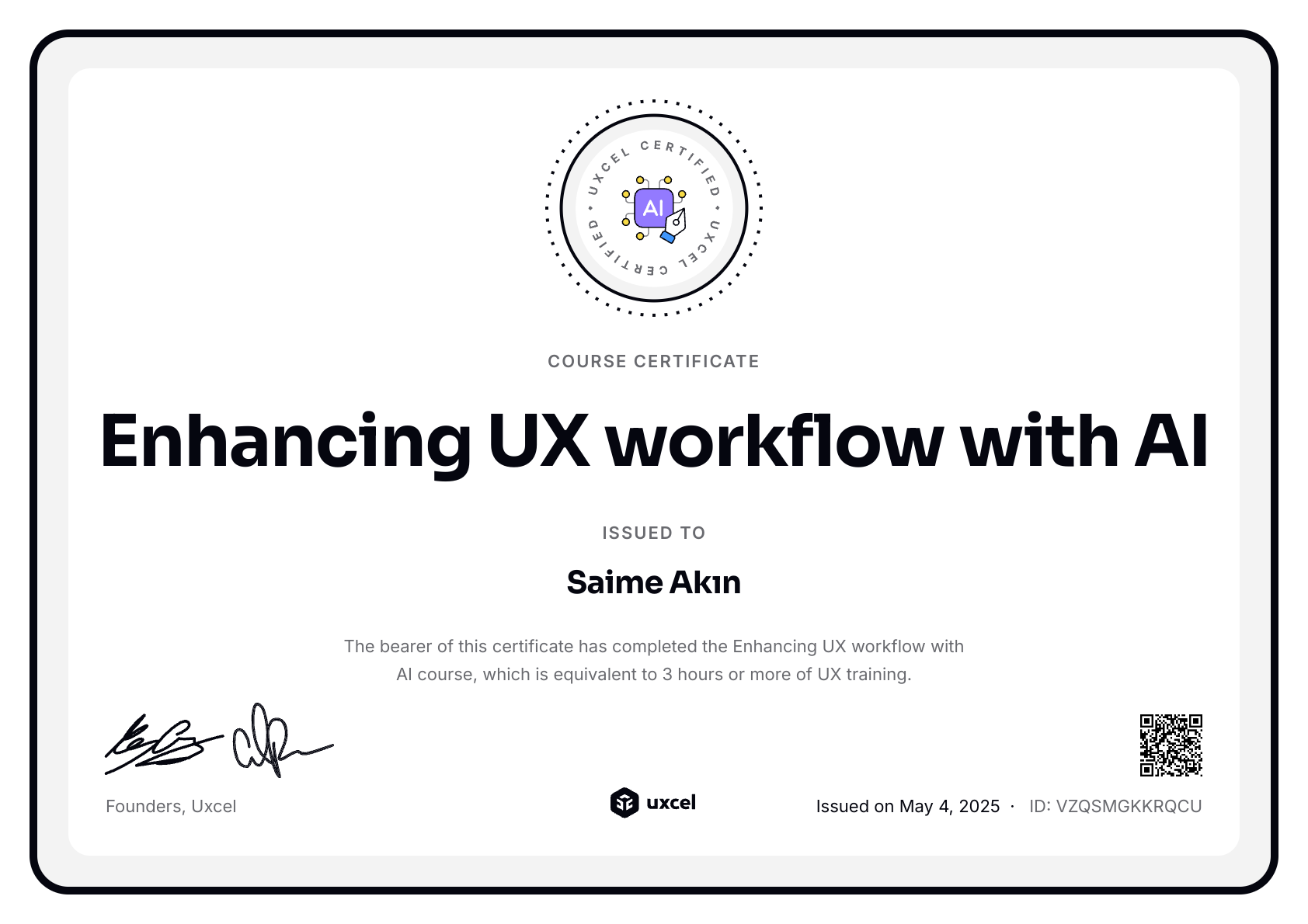 Certificate of completion for Enhancing UX Workflow with AI | Uxcel
