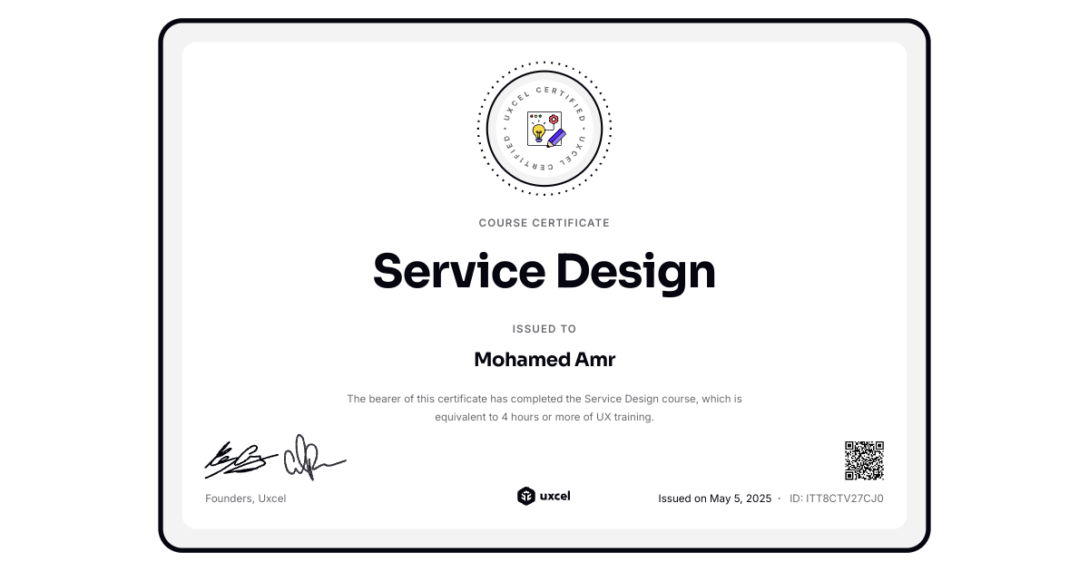 Certificate of completion for Service Design | Uxcel