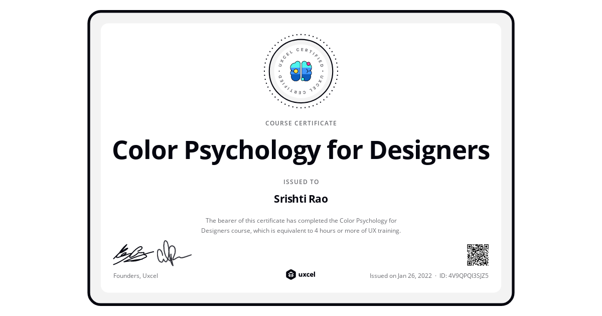 Certificate of completion for Color Psychology | Uxcel