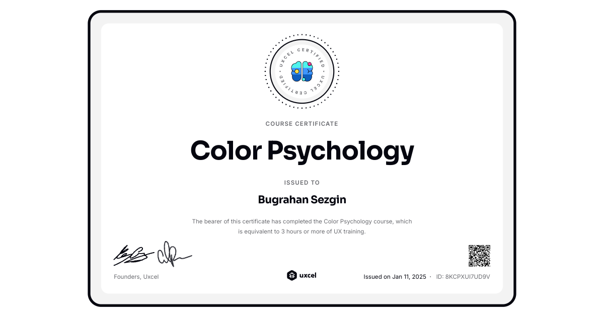 Certificate of completion for Color Psychology | Uxcel