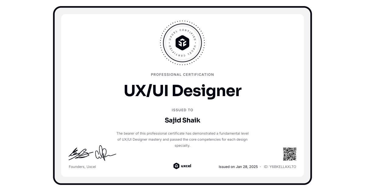 Certificate of completion for UX/UI Designer | Uxcel