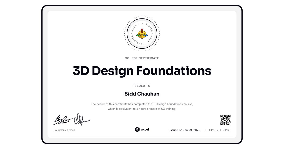 Certificate of completion for 3D Design Foundations | Uxcel