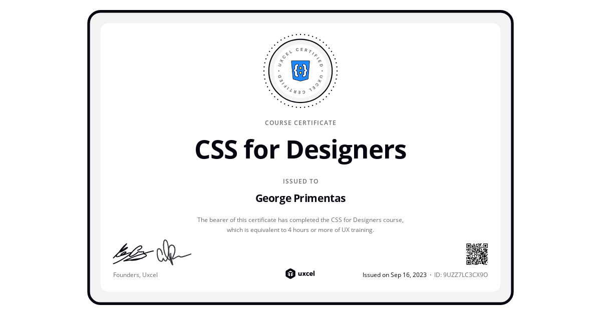 Certificate of completion for CSS Foundations | Uxcel