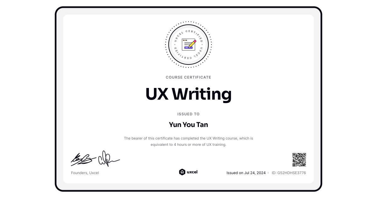 Certificate of completion for UX Writing | Uxcel