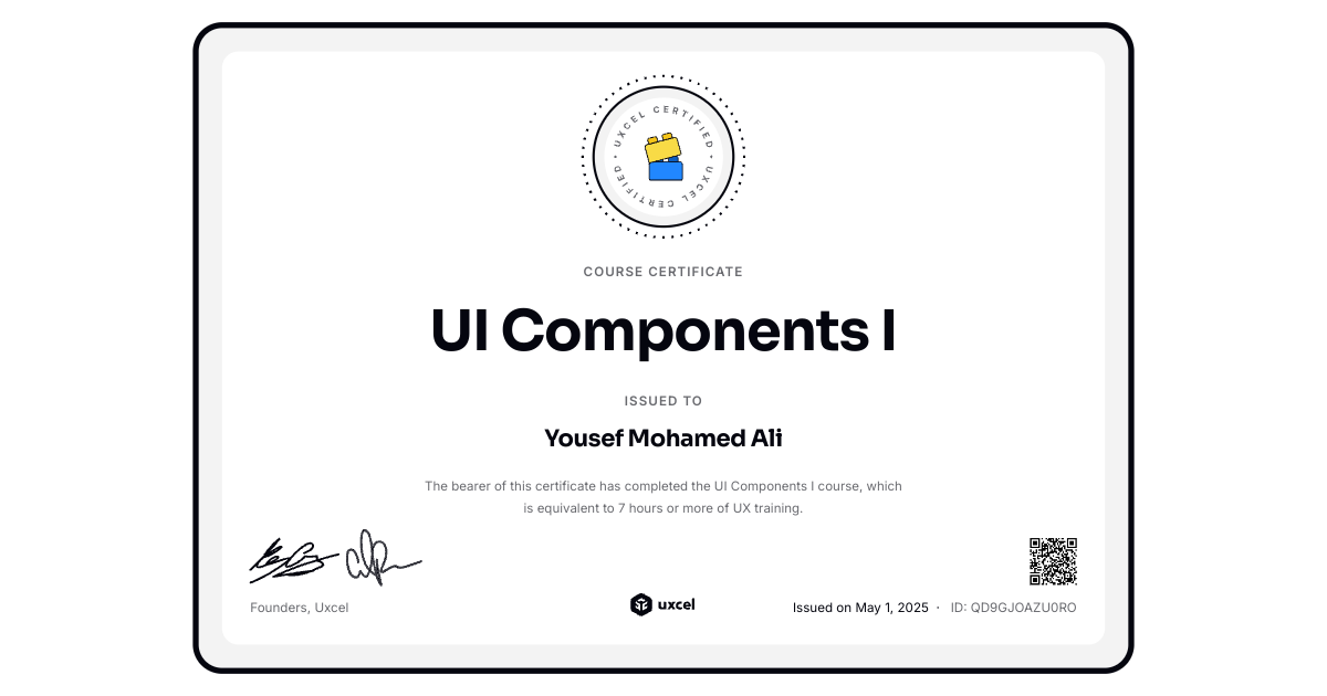 Certificate of completion for UI Components I | Uxcel