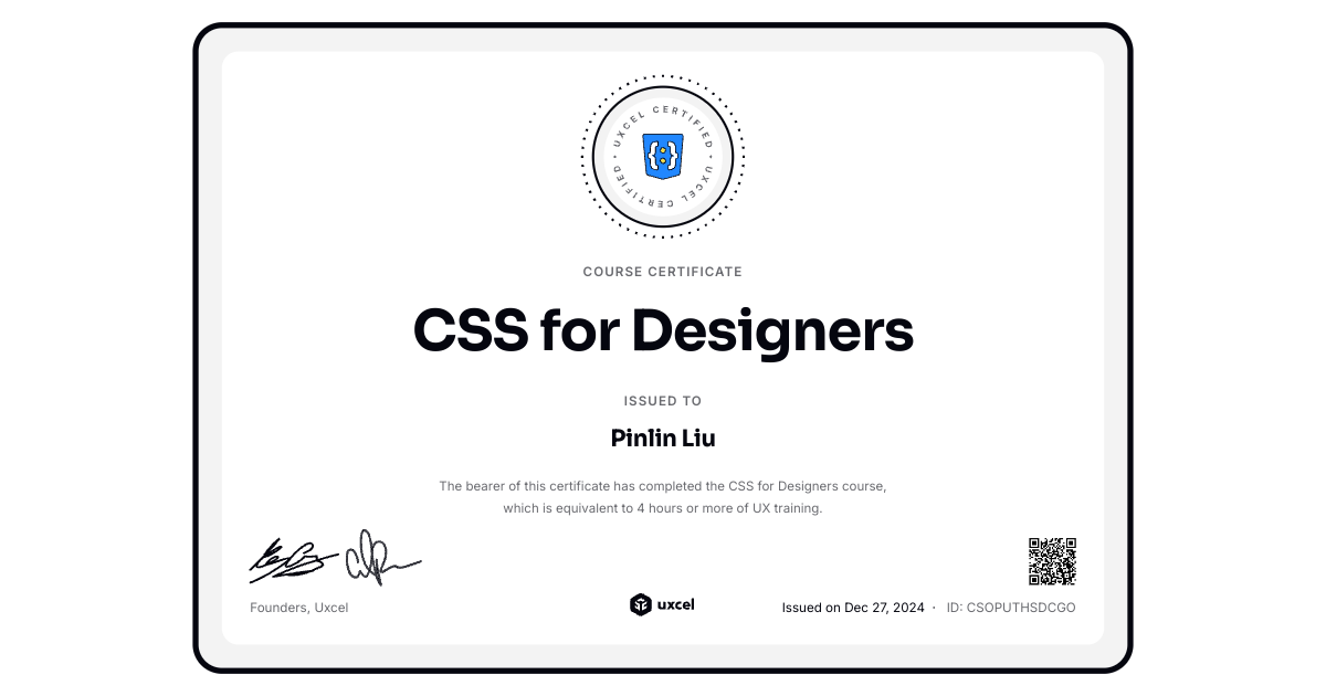 Certificate of completion for CSS Foundations | Uxcel
