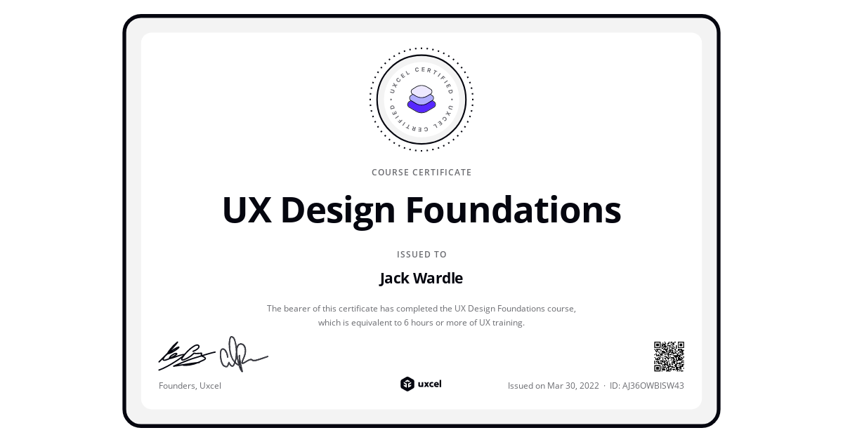 Certificate of completion for UX Design Foundations | Uxcel