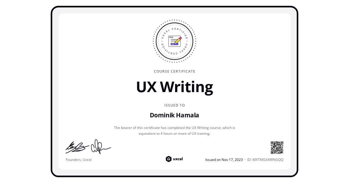 Certificate of completion for UX Writing | Uxcel