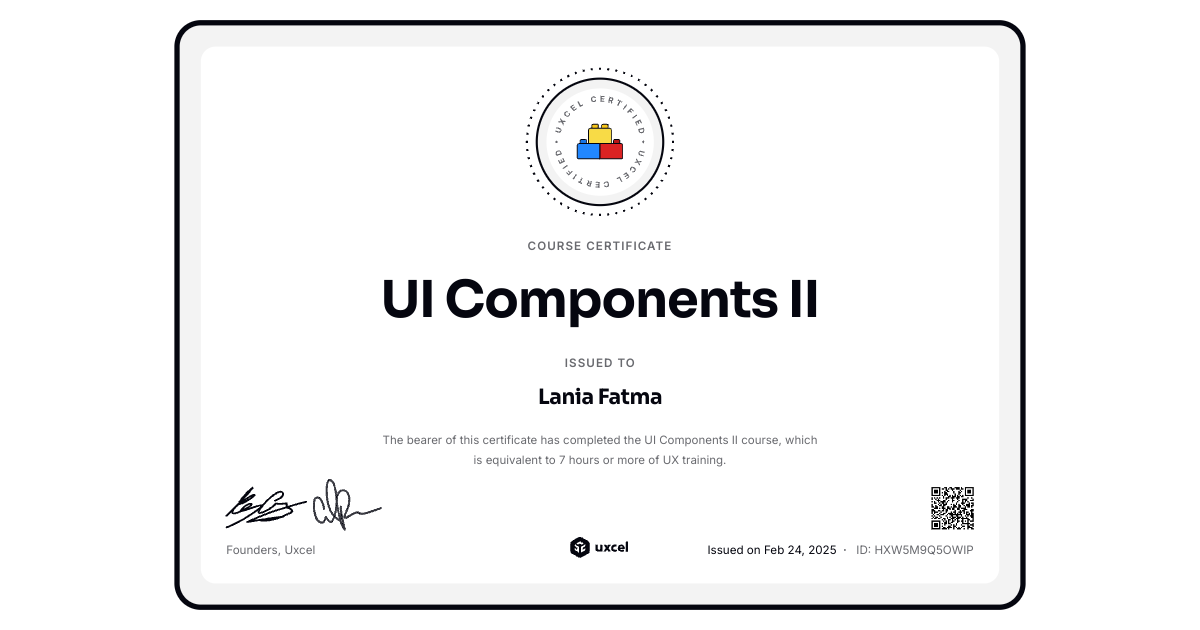 Certificate of completion for UI Components II | Uxcel