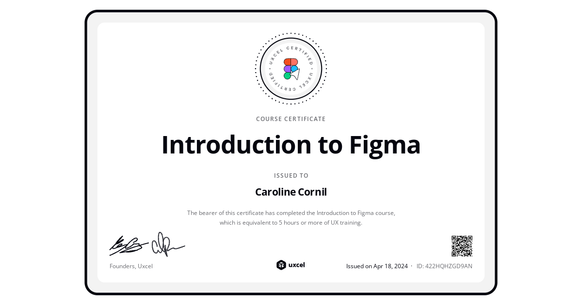 Certificate of completion for Introduction to Figma | Uxcel