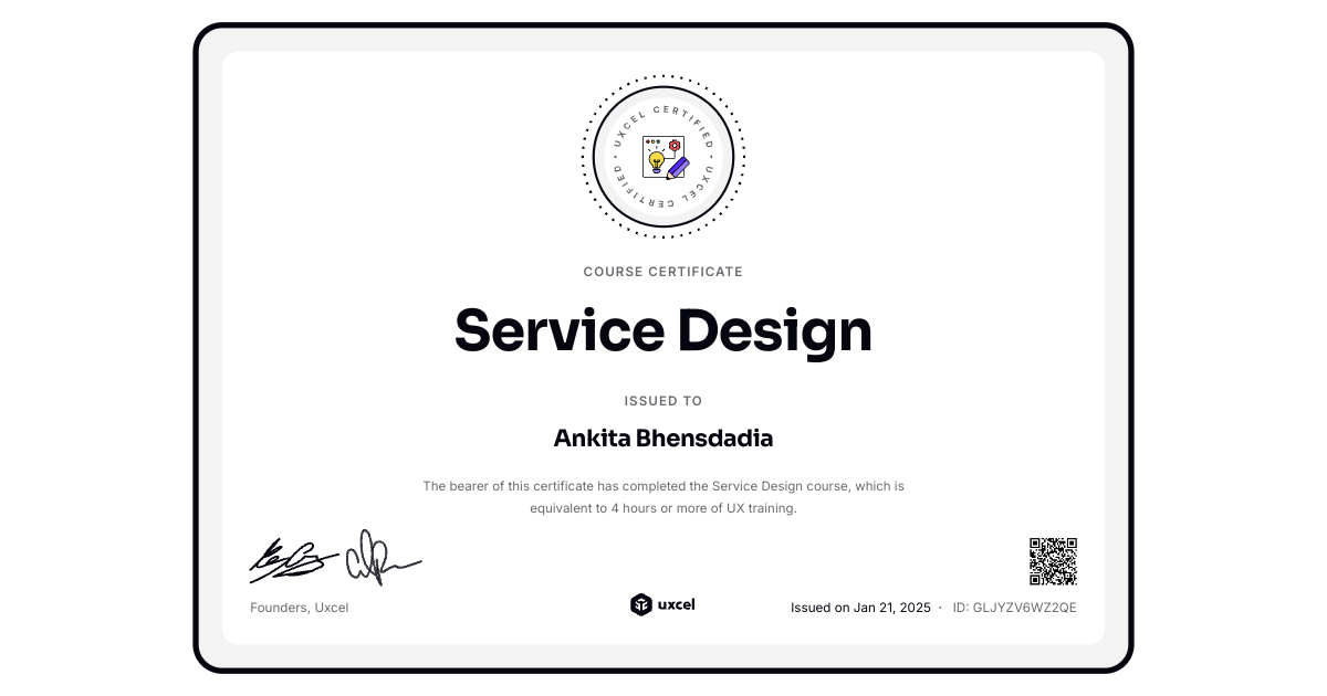 Certificate of completion for Service Design | Uxcel