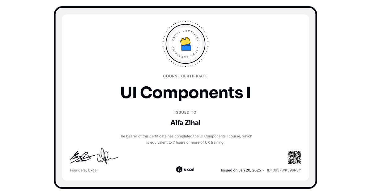 Certificate of completion for UI Components I | Uxcel