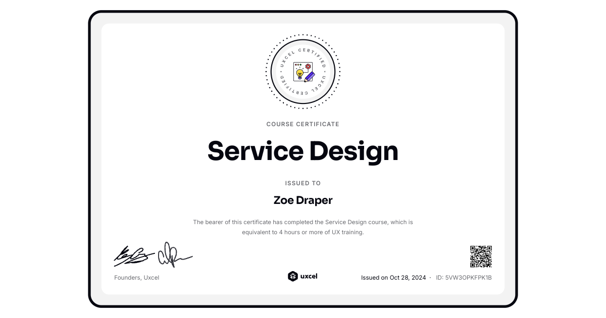 Certificate of completion for Service Design | Uxcel
