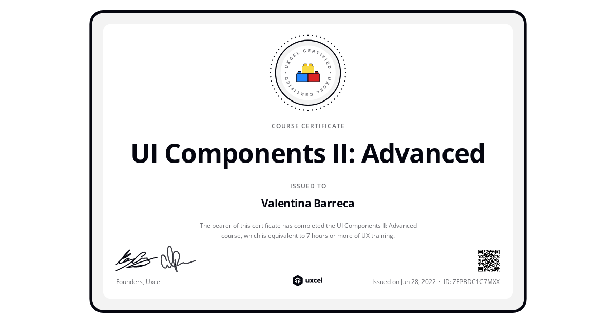 Certificate of completion for UI Components II | Uxcel
