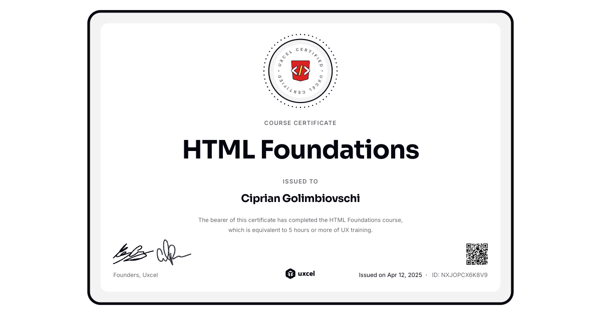 Certificate of completion for HTML Foundations | Uxcel