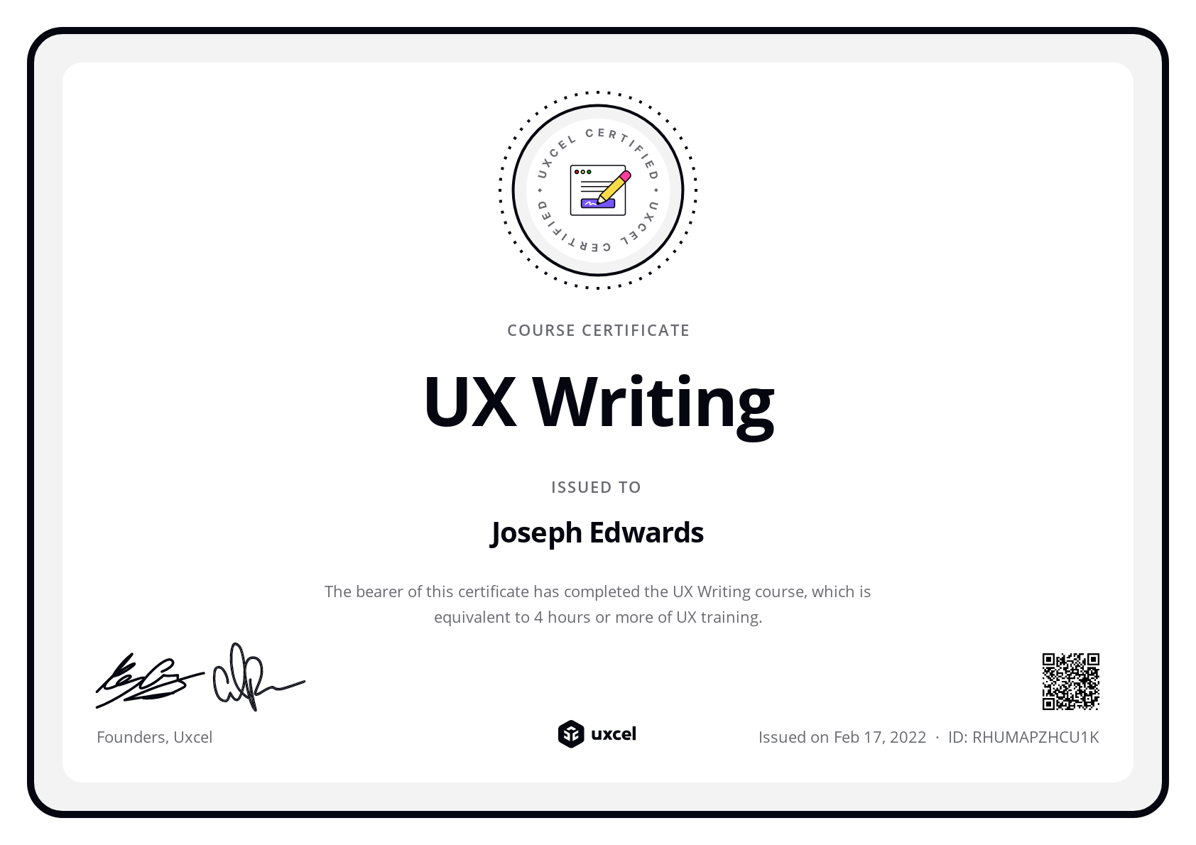 Certificate of completion for UX Writing | Uxcel