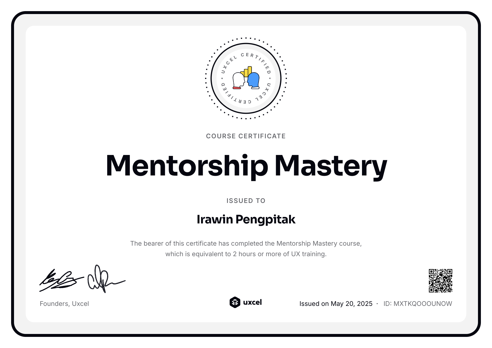 Certificate of completion for Mentorship Mastery | Uxcel