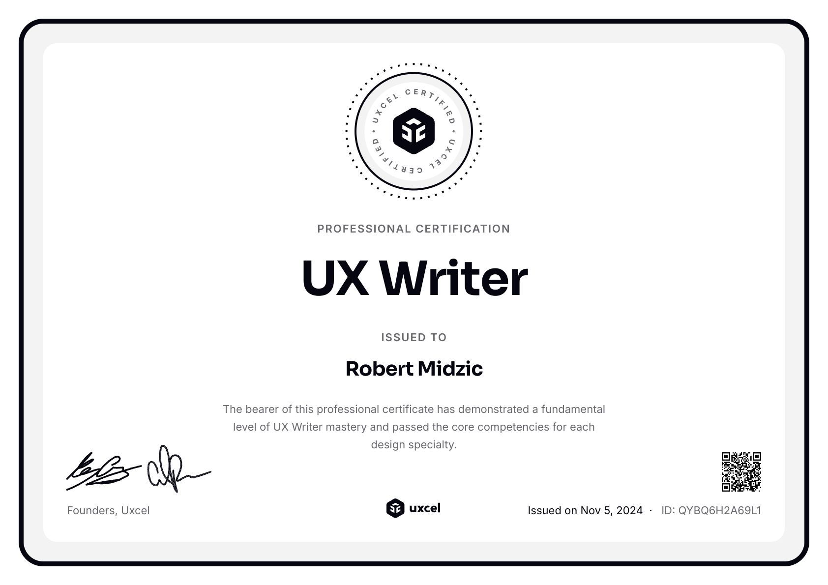Certificate of completion for UX Writer | Uxcel