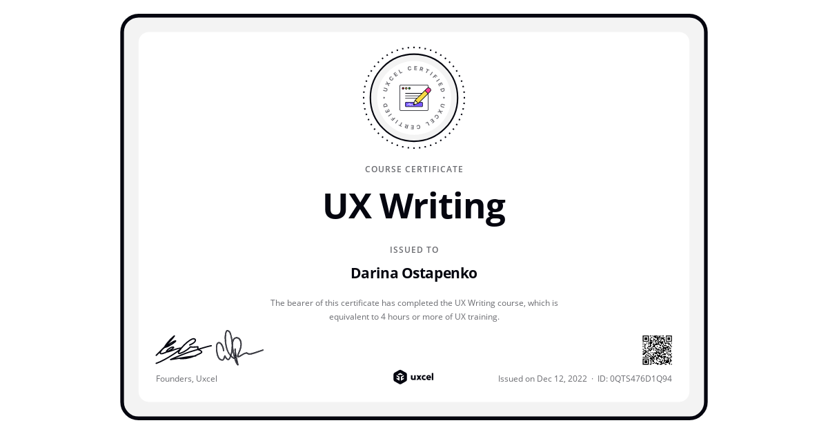 Certificate of completion for UX Writing | Uxcel