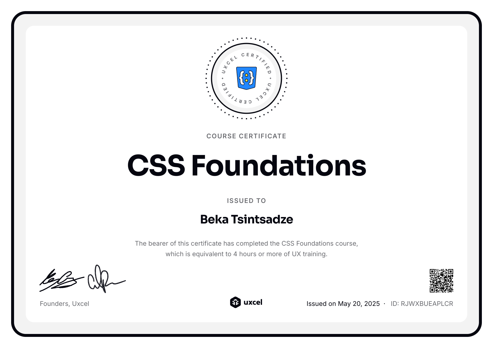 Certificate of completion for CSS Foundations | Uxcel