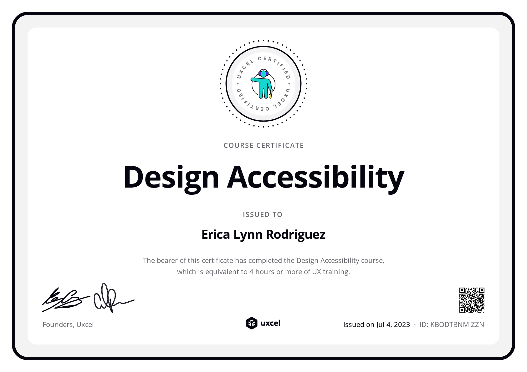 Certificate of completion for Accessibility Foundations | Uxcel