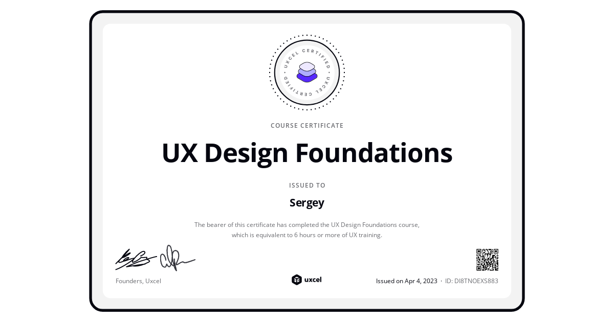 Certificate of completion for UX Design Foundations | Uxcel