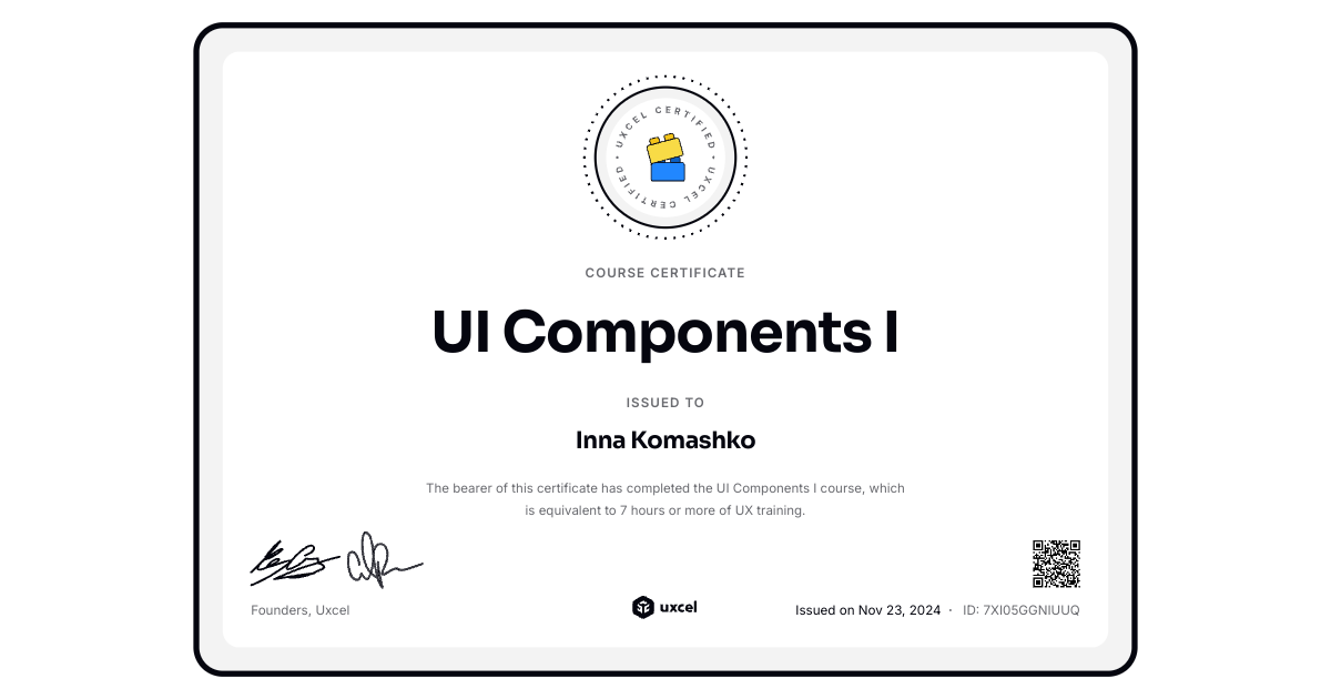 Certificate of completion for UI Components I | Uxcel