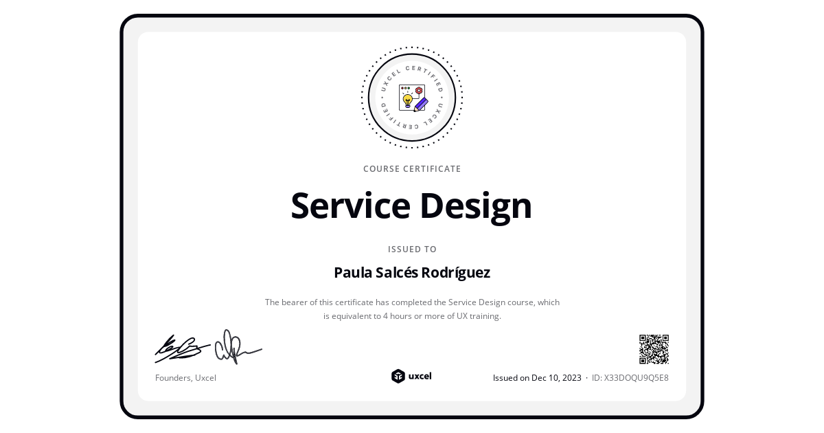 Certificate of completion for Service Design | Uxcel