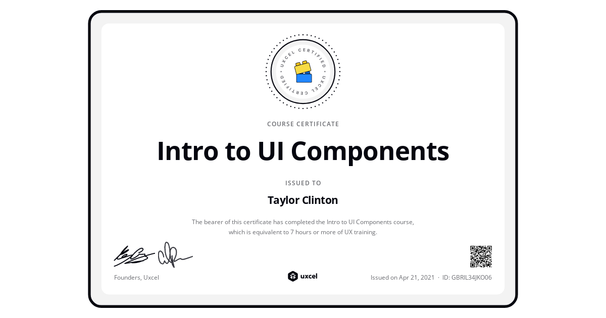 Certificate of completion for UI Components I | Uxcel