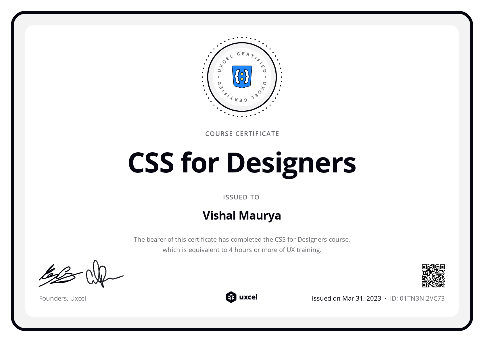 Certificate of completion for CSS Foundations | Uxcel
