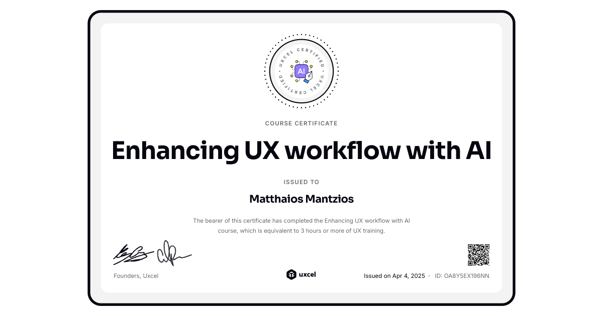 Certificate of completion for Enhancing UX Workflow with AI | Uxcel