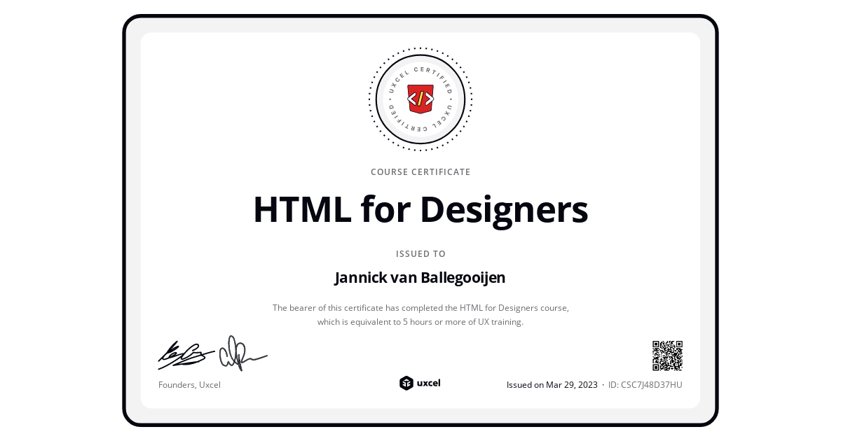 Certificate of completion for HTML Foundations | Uxcel