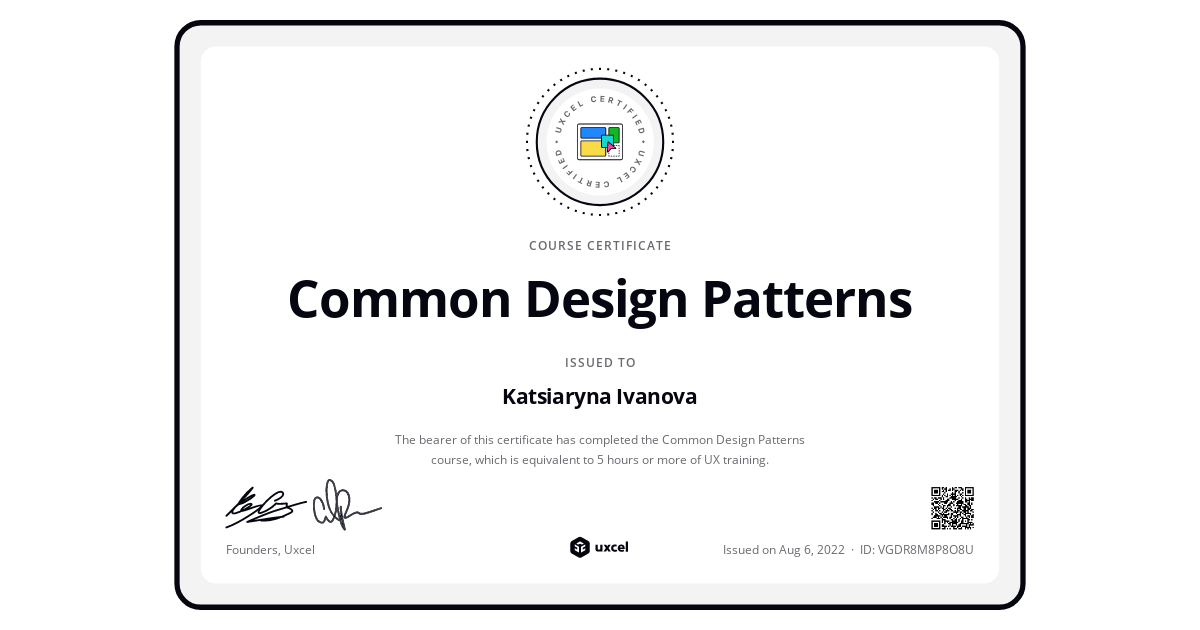 Certificate of completion for Common Design Patterns | Uxcel