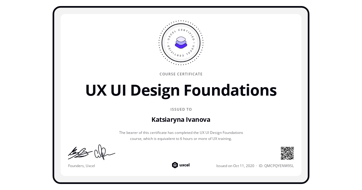 Certificate of completion for UX Design Foundations | Uxcel