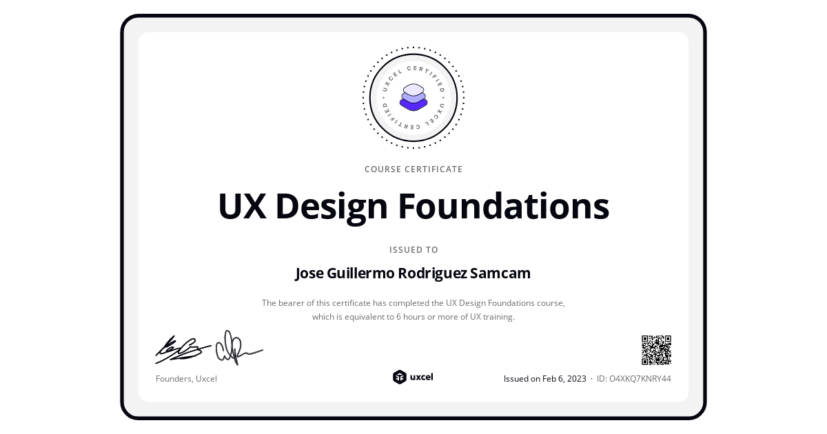 Certificate of completion for UX Design Foundations | Uxcel