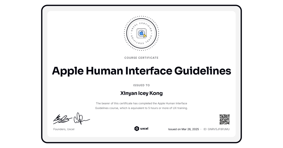 Certificate of completion for Apple Human Interface Guidelines | Uxcel