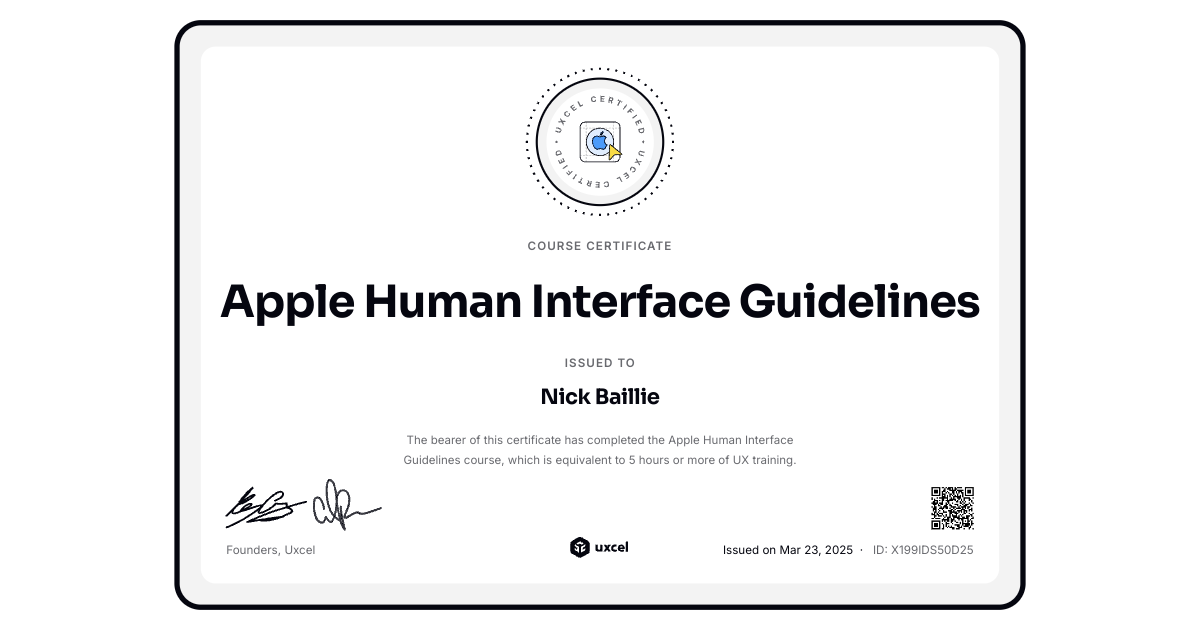 Certificate of completion for Apple Human Interface Guidelines | Uxcel