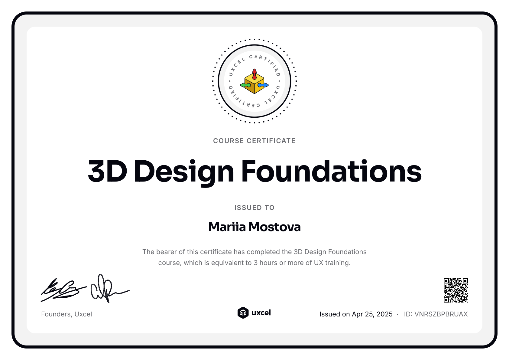 Certificate of completion for 3D Design Foundations | Uxcel