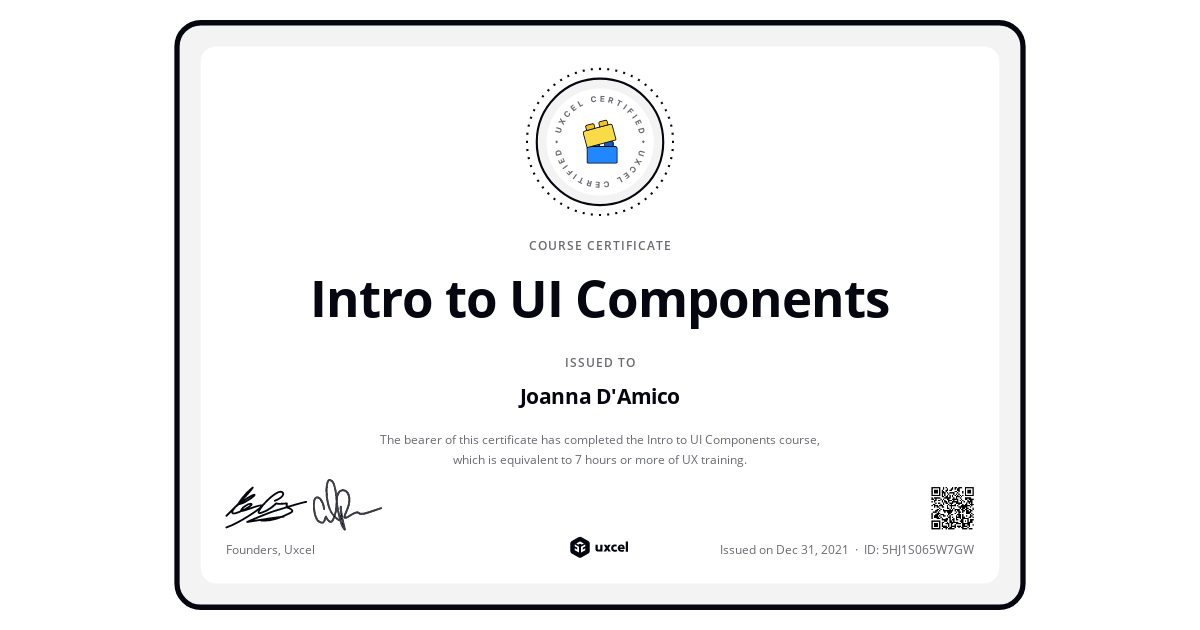 Certificate of completion for UI Components I | Uxcel
