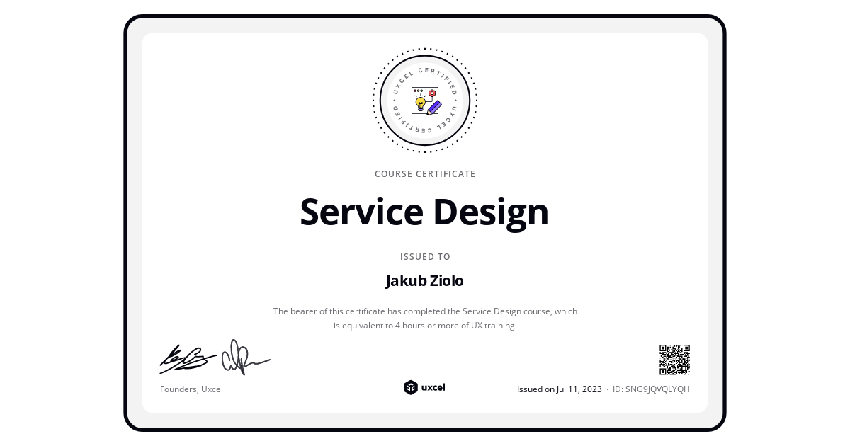 Certificate of completion for Service Design | Uxcel