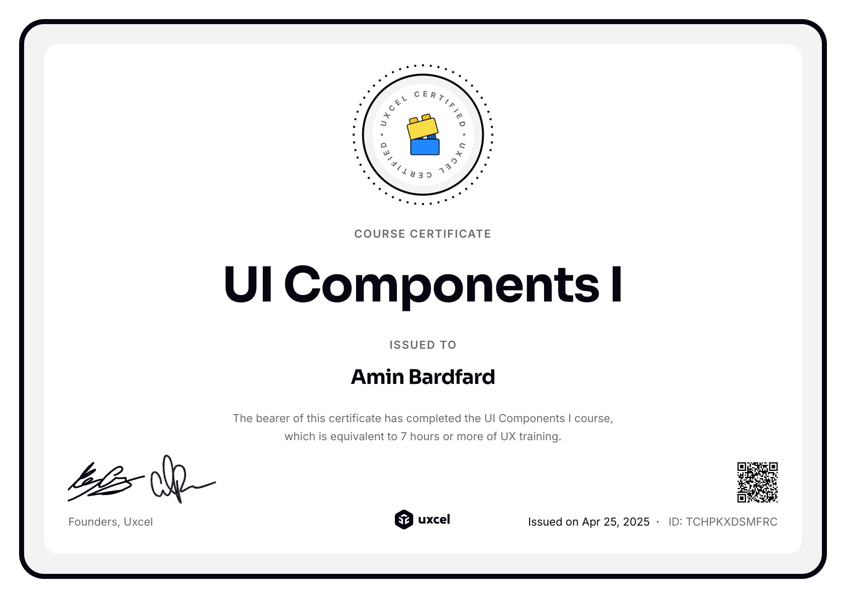 Certificate of completion for UI Components I | Uxcel