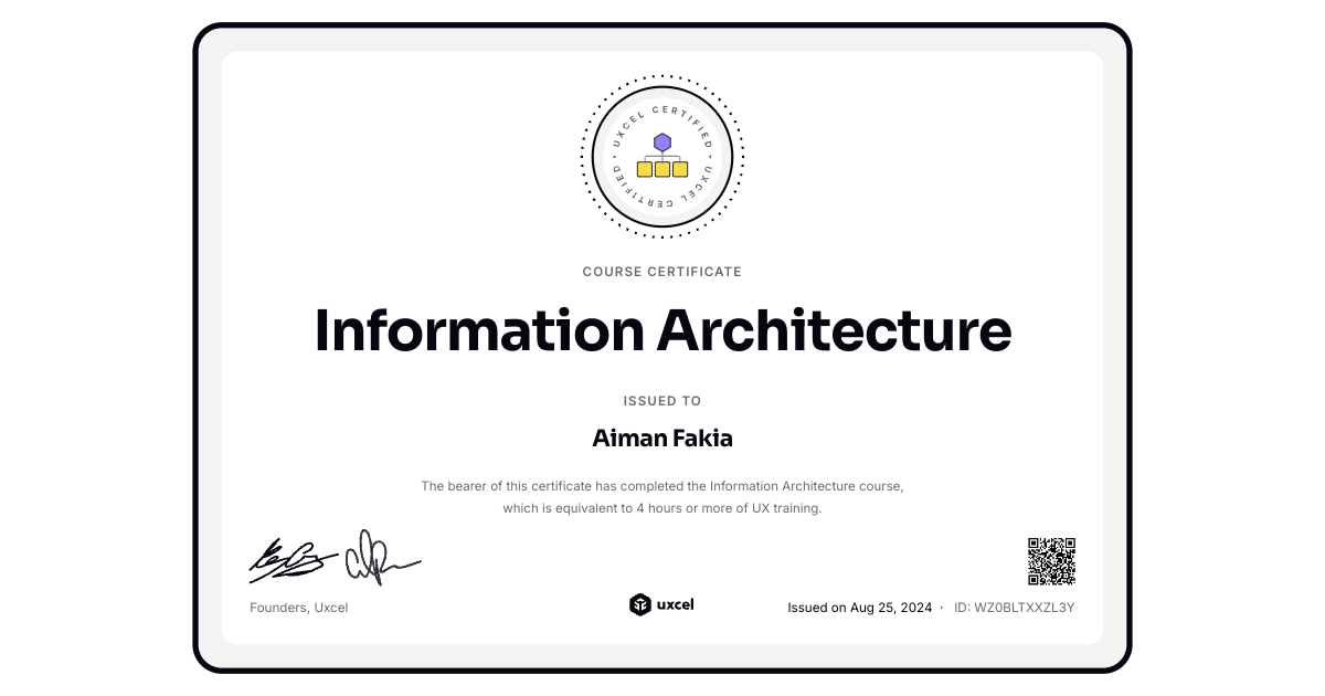 Certificate of completion for Information Architecture | Uxcel