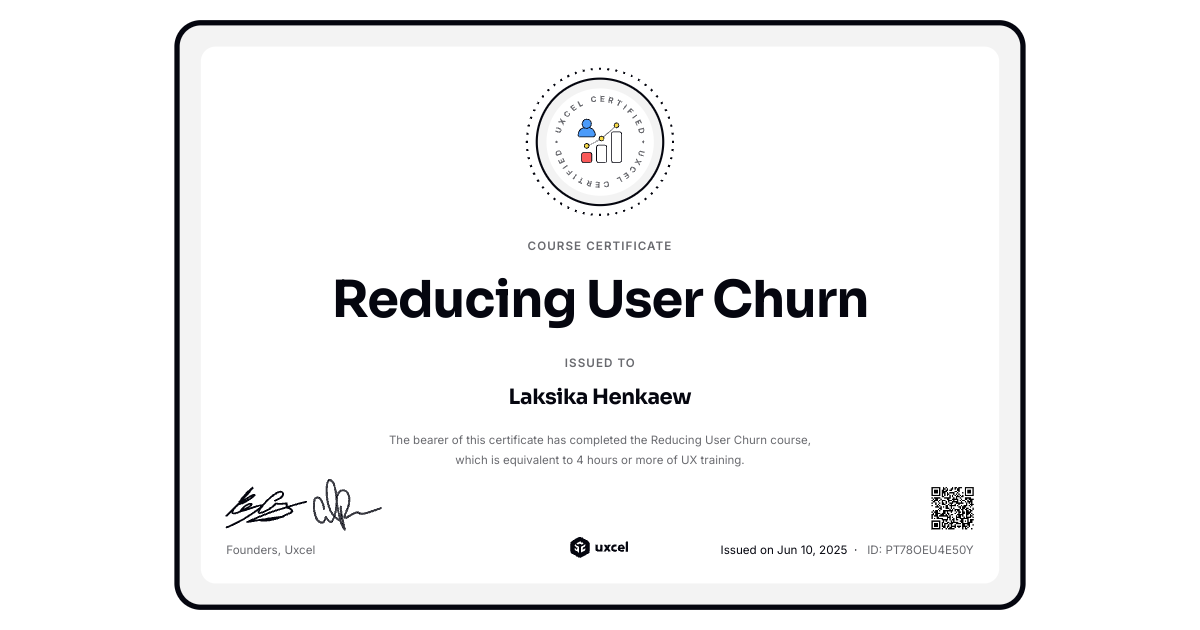Certificate of completion for Reducing User Churn | Uxcel