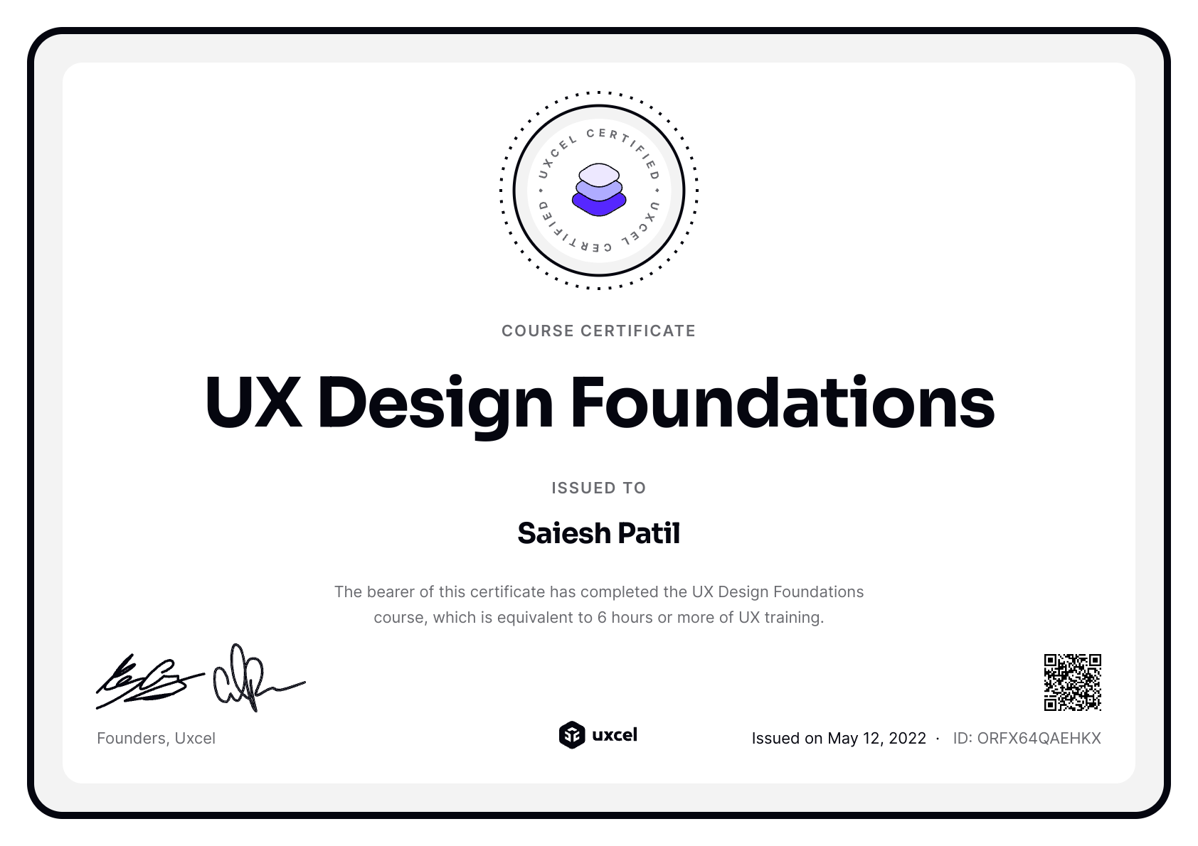 Certificate of completion for UX Design Foundations | Uxcel