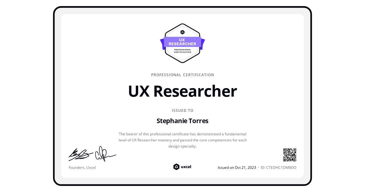 Professional certification, UX Researcher | Uxcel