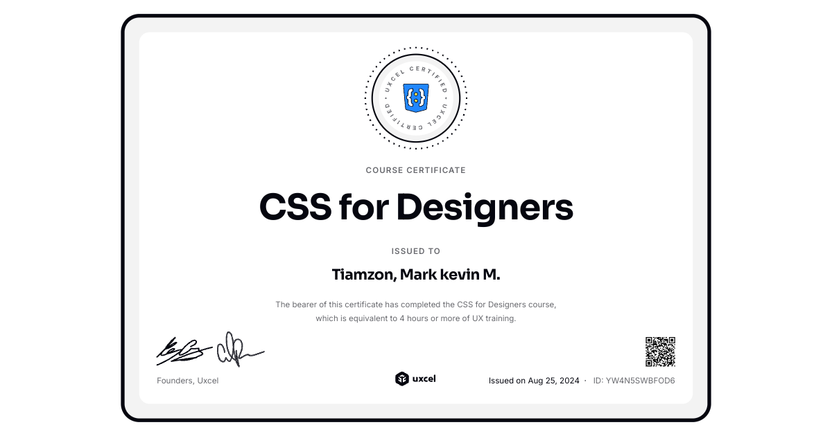 Certificate of completion for CSS Foundations | Uxcel