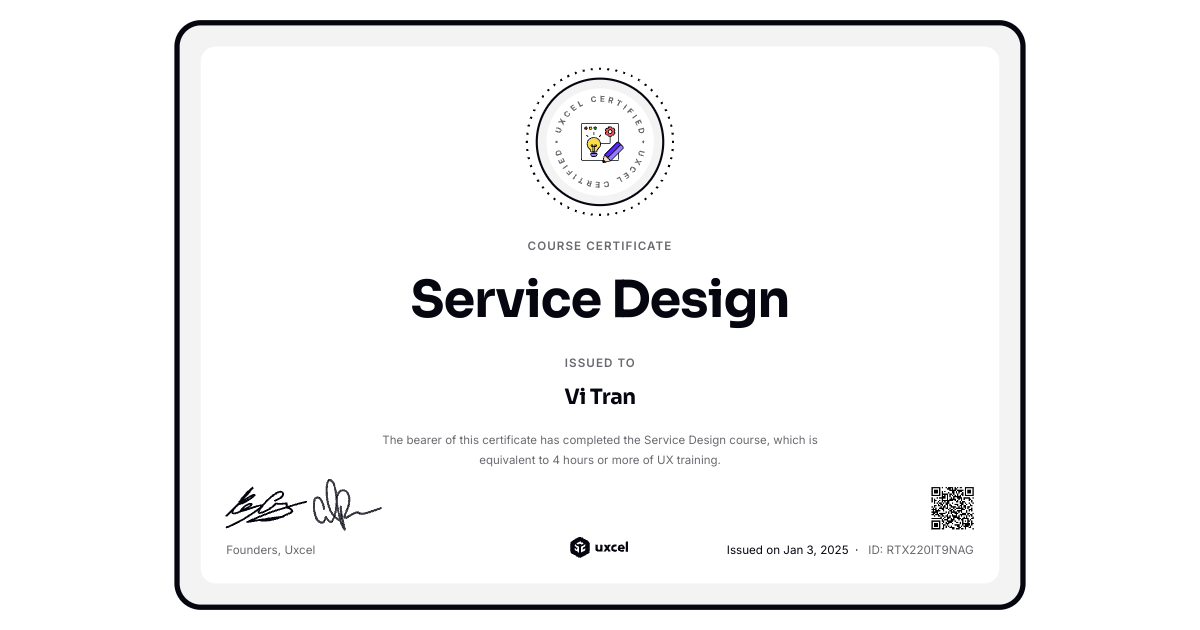 Certificate of completion for Service Design | Uxcel