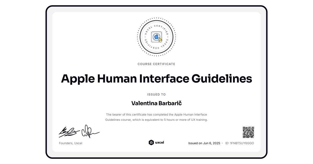 Certificate of completion for Apple Human Interface Guidelines | Uxcel