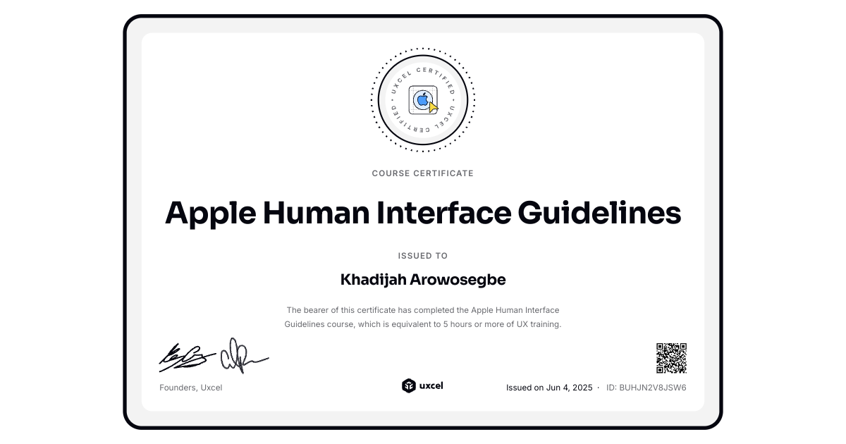 Certificate of completion for Apple Human Interface Guidelines | Uxcel